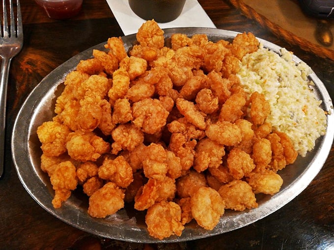 Popcorn shrimp piled high enough to make a mountain climber nervous – and worth every bite.