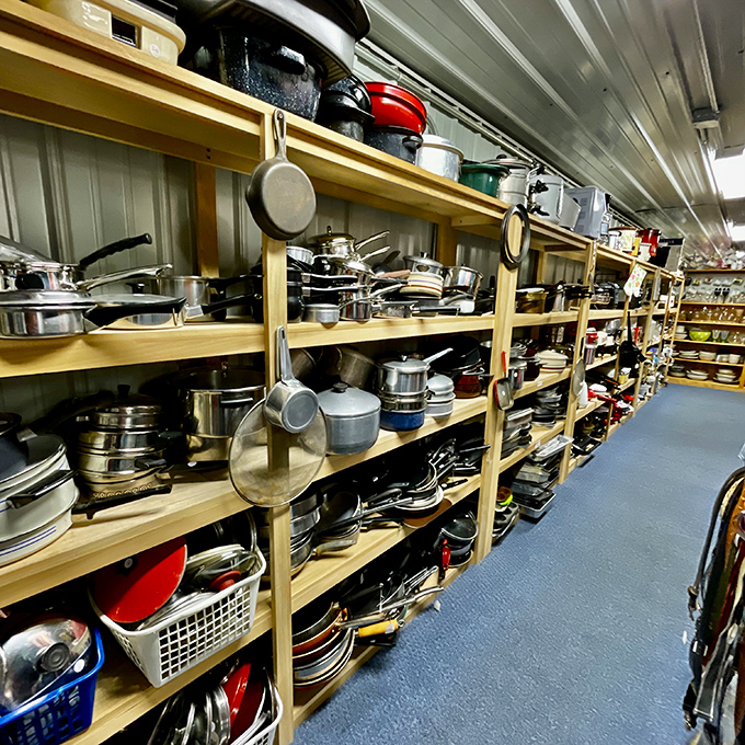 The cookware section – where cast iron skillets with decades of seasoning wait for their next kitchen adventure. These pans remember when cooking was an art.