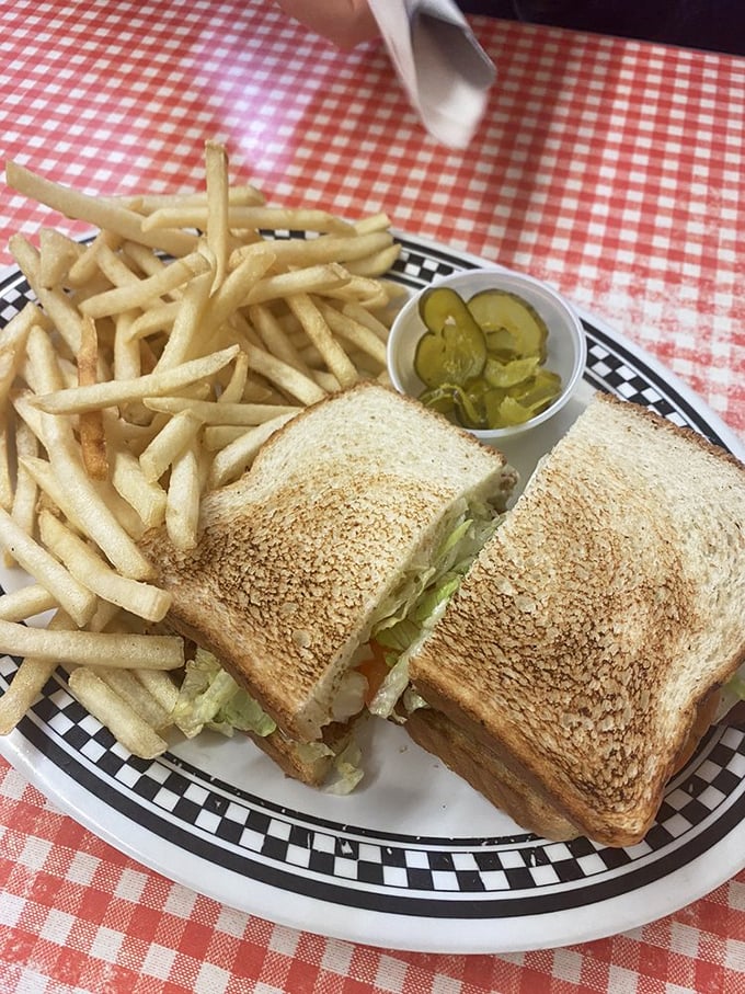 The sandwich – perfectly toasted, the fries – golden crisp, the pickles – tangy punctuation marks in this lunch sonnet.