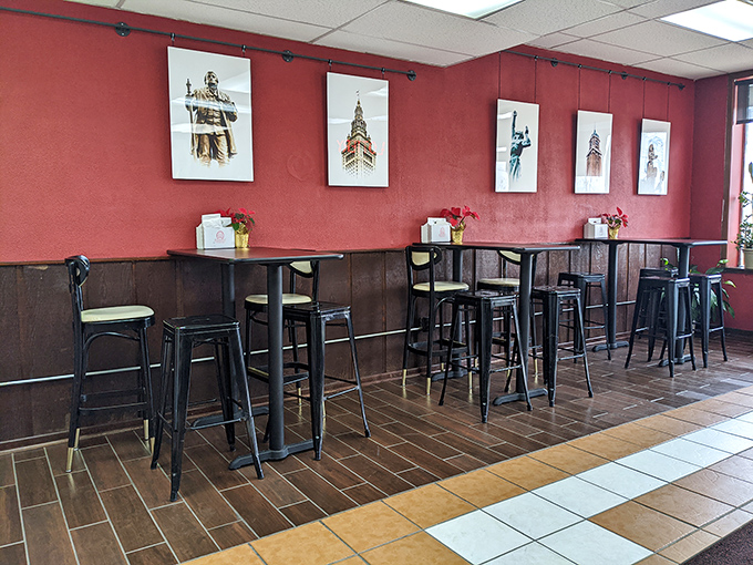 The dining area's Cleveland-themed artwork reminds you exactly where you are—in a city that takes its lunch seriously. 