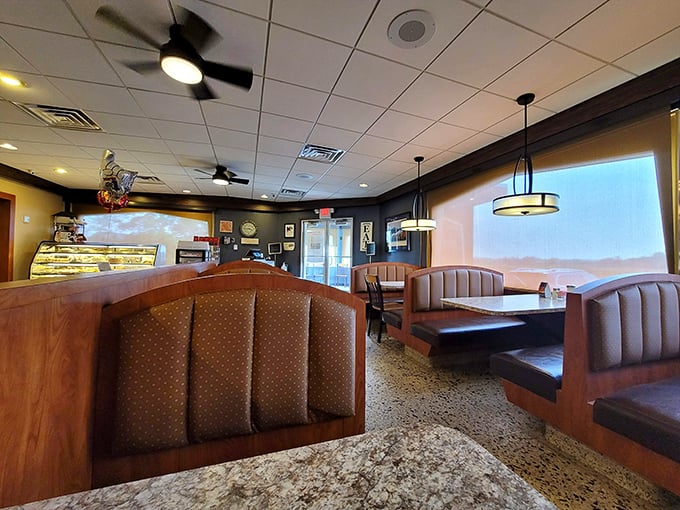 Booths designed for maximum comfort and minimum escape velocity – once seated, you'll need a good reason (or dessert menu) to leave.