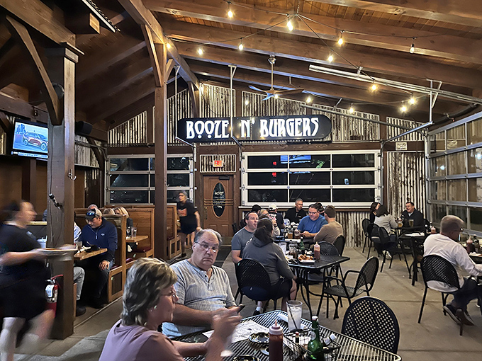 "Booze N' Burgers" isn't just a sign—it's a mission statement. This dining area delivers exactly what it promises, with rustic charm to spare.