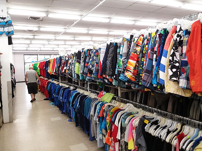 A corridor of color where shorts and shirts stand at attention, ready for inspection. Fashion's most democratic showroom!