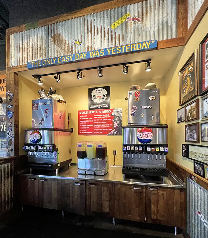 "The only easy day was yesterday" hangs above the drink station—a Navy SEAL motto that somehow makes that sweet tea taste even more refreshing.