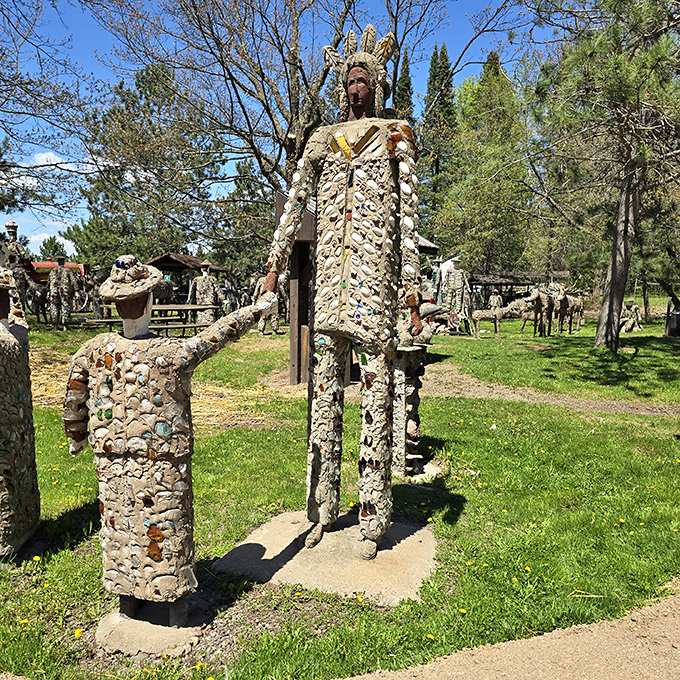 A concrete conversation between figures of different heights—like an artistic representation of "How's the weather up there?" frozen for eternity.