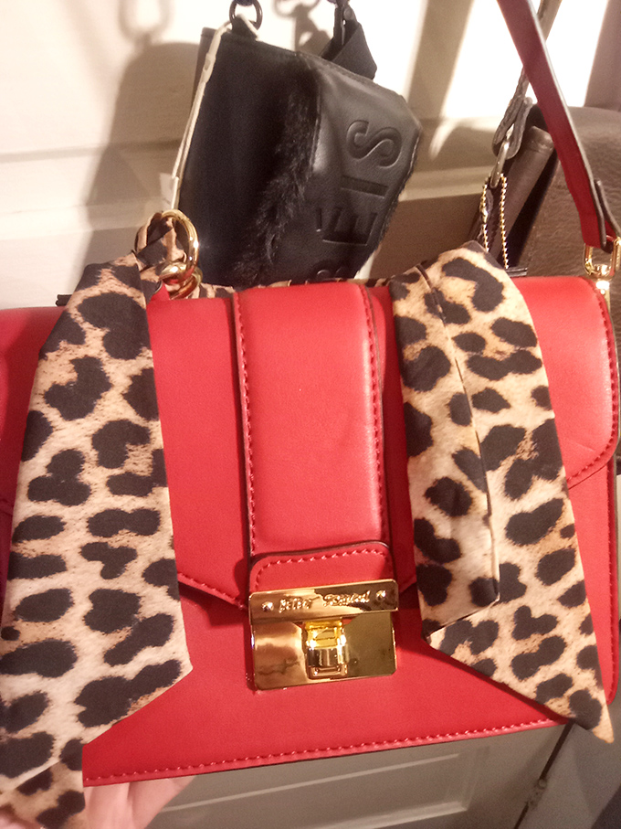 A red handbag with leopard accents waits patiently for its next adventure—perhaps brunch or a night at the symphony?