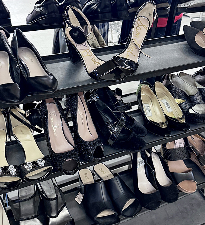 Designer heels at thrift store prices—like finding a gourmet meal at fast food prices. Those sparkly black pumps are someone's future party stars.