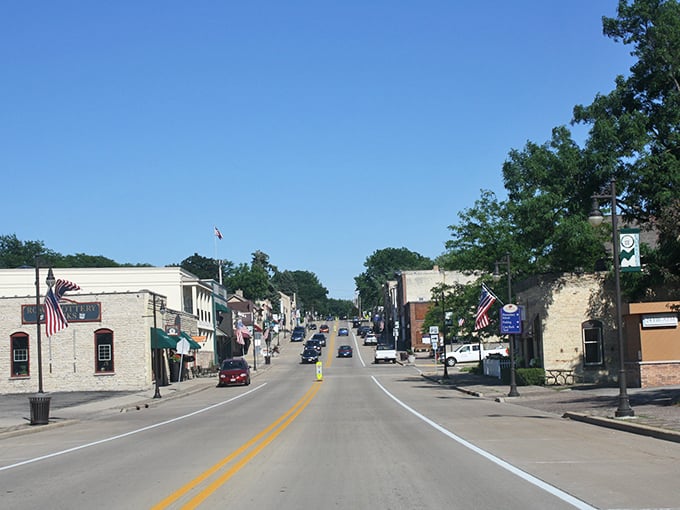 Cambridge's historic main street features well-preserved buildings housing antique shops, restaurants, and local businesses.