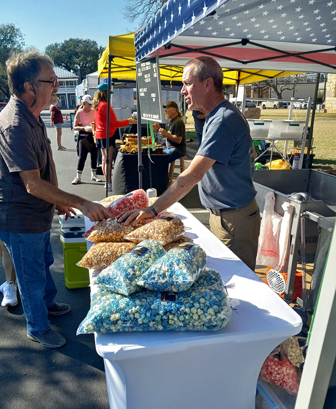 Johnson City Market vendors offer friendly conversation with every purchase. Those bags of colorful popcorn are the perfect snack for the drive home!