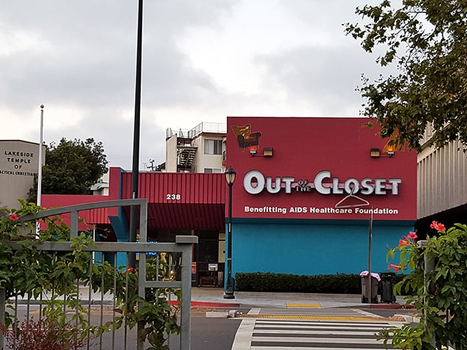 Out of the Closet's vibrant turquoise and red building brightens the whole block. Shopping that fights AIDS and saves money? Double win!
