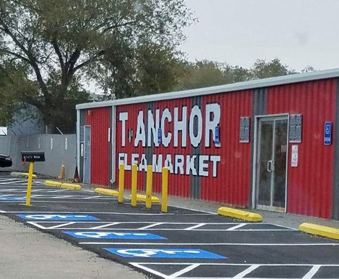 Red container, white letters! T Anchor's distinctive building stands out against the Panhandle sky like a beacon for bargain hunters.