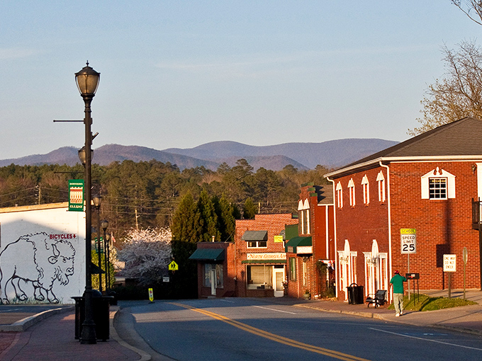 The rolling Blue Ridge Mountains create a perfect backdrop for Ellijay's historic buildings, like nature's own theater curtain.