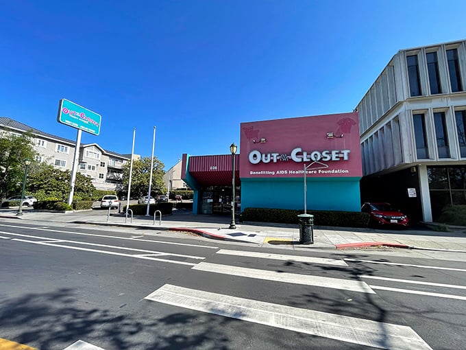 The unmistakable blue and red facade of Out of the Closet stands out like a cheerful beacon for bargain hunters with a conscience.