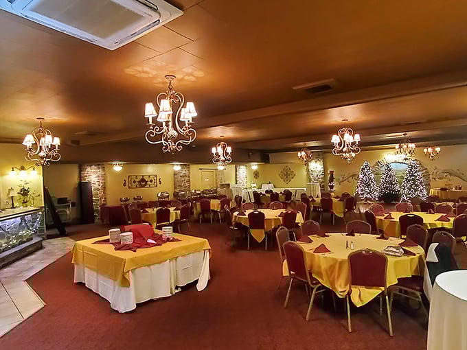 The banquet room where countless birthdays, anniversaries, and "just because" gatherings have unfolded. Those chandeliers have witnessed more family stories than a therapist.