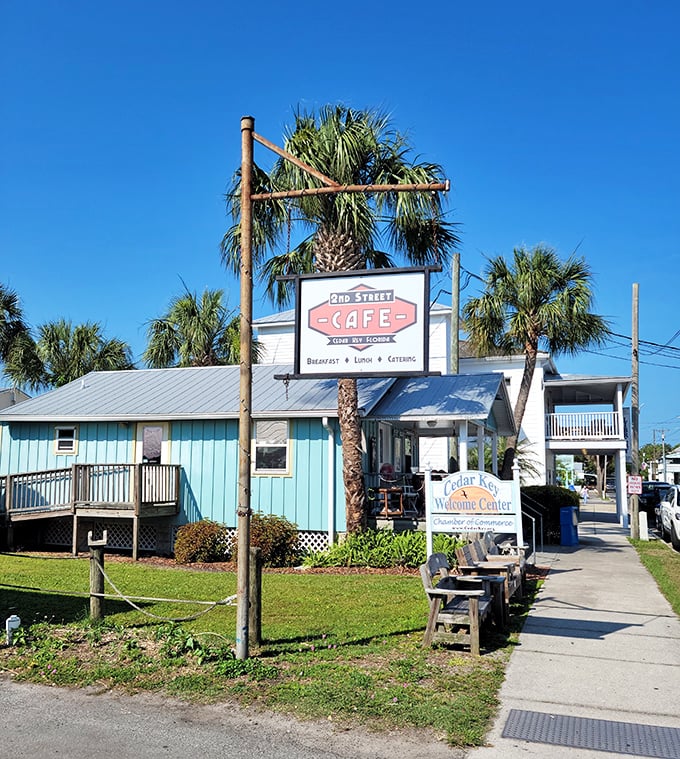 The 2nd Street Cafe's cheerful blue exterior promises the kind of breakfast where calories don't count because you're on island time.