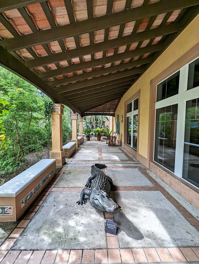 That's not the garden's security system—this bronze alligator has been sunning on this porch since the Great Depression.