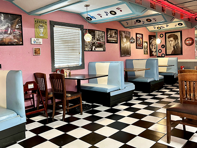 Those baby blue booths aren't just seating—they're front-row tickets to the greatest show on earth: breakfast served all day.
