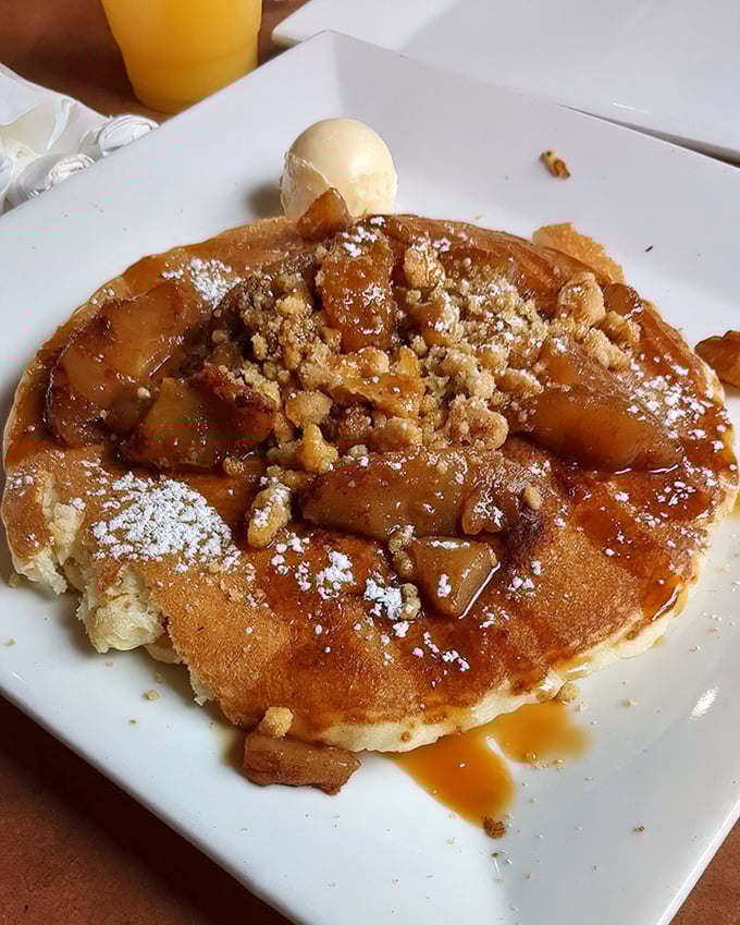 Apple crumble pancakes that blur the line between breakfast and dessert. That scoop of ice cream isn't apologizing for anything.