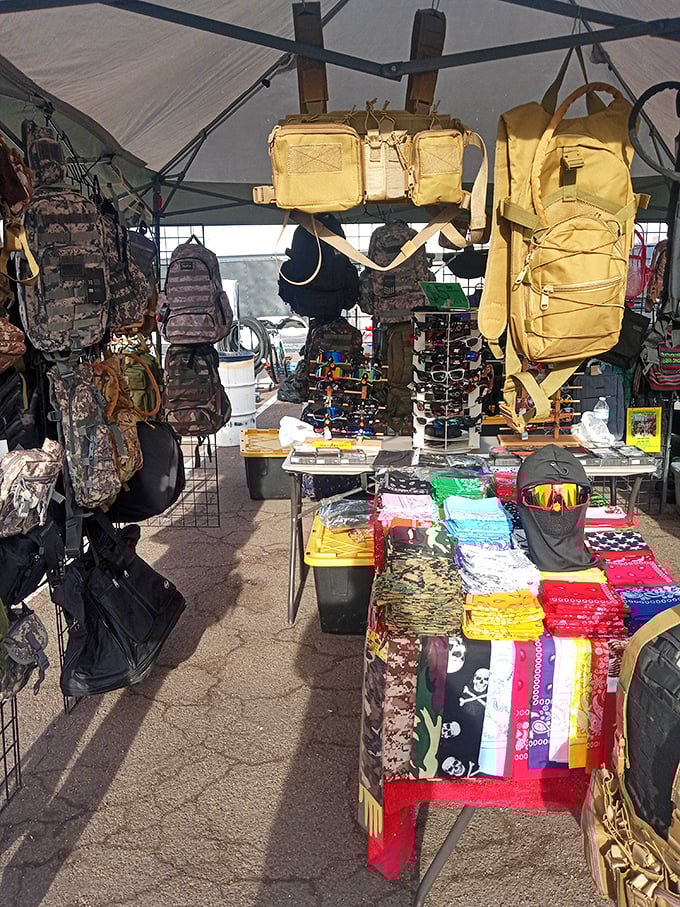 Military-style gear and sunglasses stand ready to outfit your next adventure, real or imaginary, practical or not.