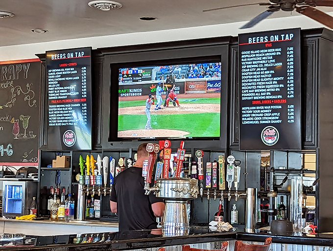 The bar's digital beer menu changes as frequently as the tides. Baseball on TV and cold brews on tap—a perfect pairing.