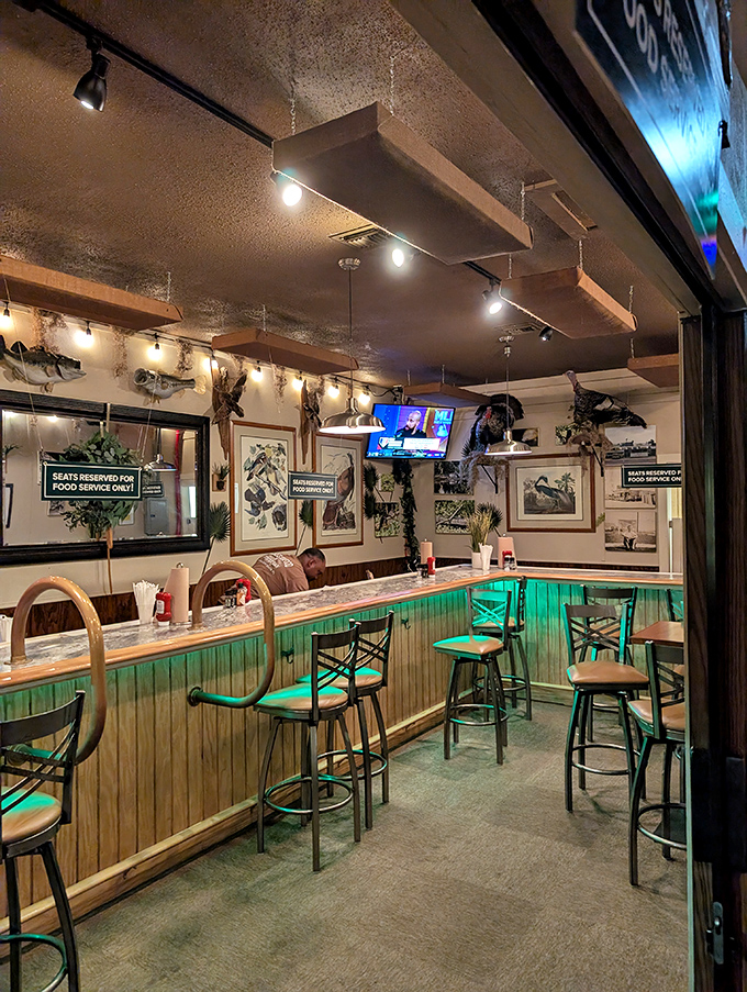 The bar area combines coastal charm with neighborhood hangout vibes—where locals and tourists alike find common ground over cold drinks.