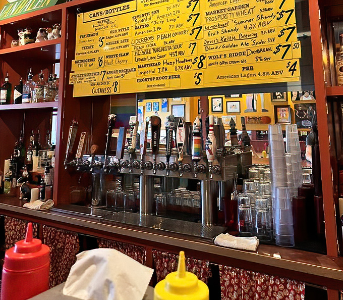 A lineup of taps stands ready to dispense liquid happiness, the perfect companions to Dirty Frank's creative culinary concoctions.