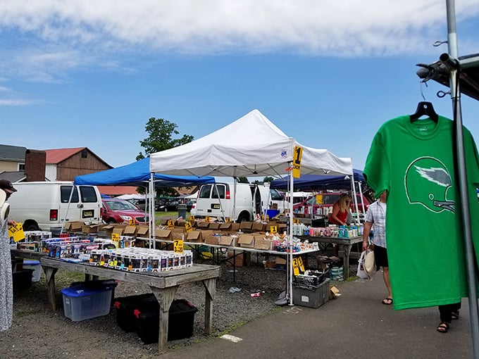 Under blue skies and white tents, vendors create miniature kingdoms of possibility. That green Eagles shirt is practically calling your name.