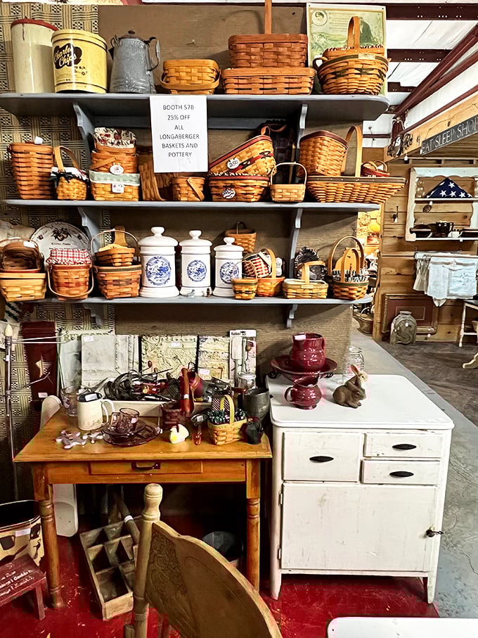 Basket heaven! Longaberger collectors, shield your wallets—this booth's impressive collection might just weave its way into your heart and home.