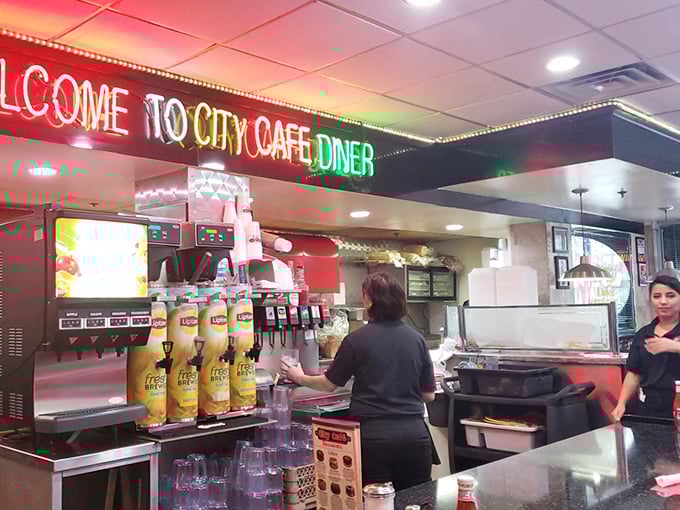 Colorful beverage stations and friendly staff ensure your cup never reaches empty—a small miracle of diner physics.