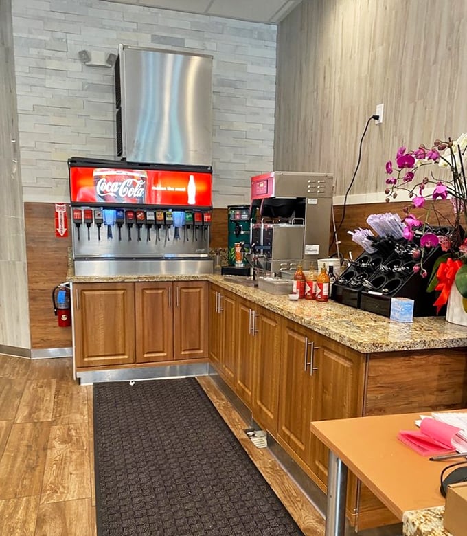 The self-serve beverage station – where unlimited refills meet the sudden realization that you might need to pace yourself.
