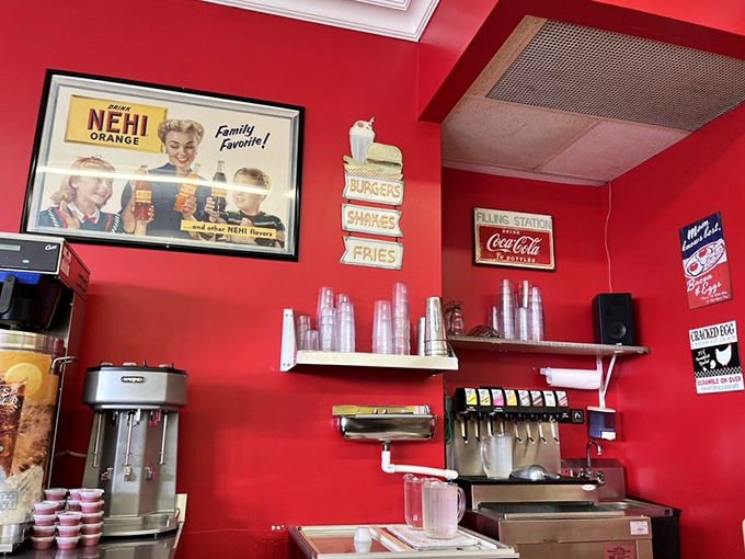 Vintage signs and modern equipment coexist in perfect harmony – like the diner version of a mullet: business in front, nostalgia in back.