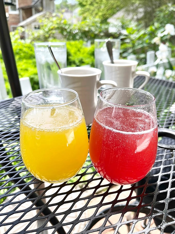 Morning beverages lined up like liquid happiness—from robust coffee to fresh juices that taste like actual fruit.