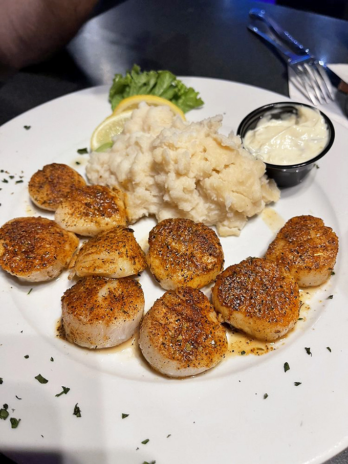 Blackened scallops that look like they're auditioning for a food magazine cover – perfectly seared and ready for their close-up.