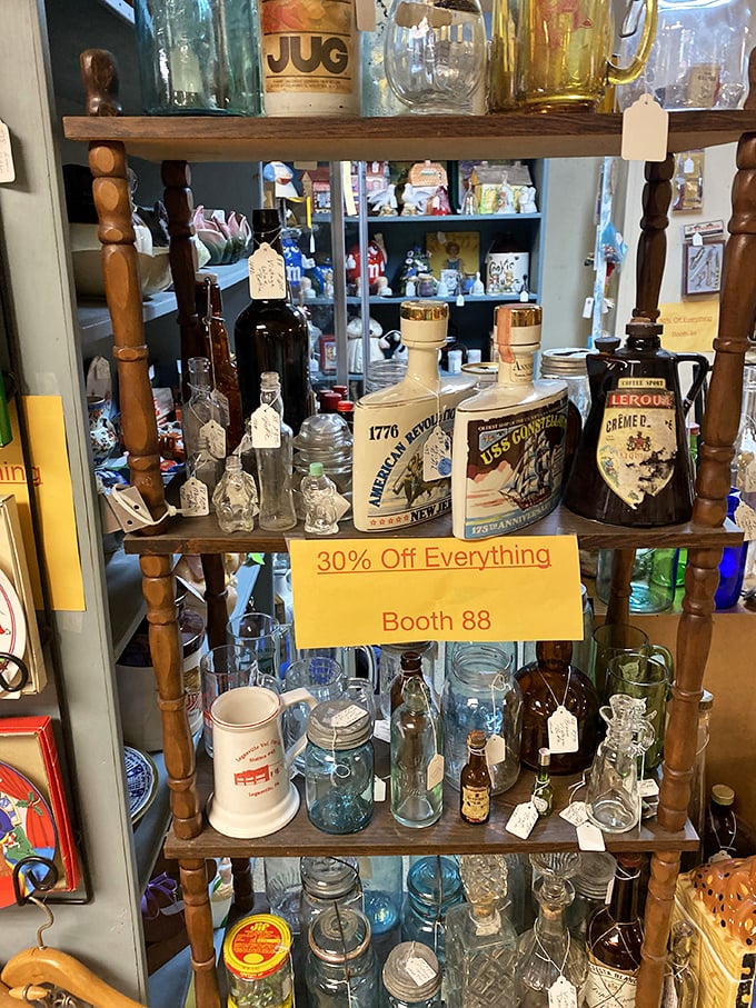 Booth 88's glassware collection sparkles with potential—each bottle once held something worth preserving, much like the memories they now evoke.