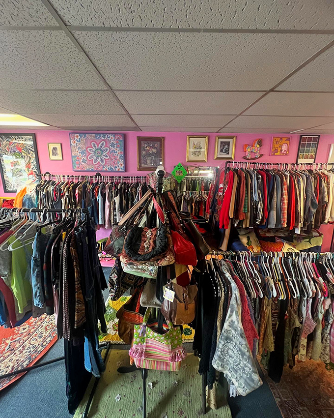Pink walls, packed racks, and endless possibilities. The vintage equivalent of that dream where you discover extra rooms in your house.