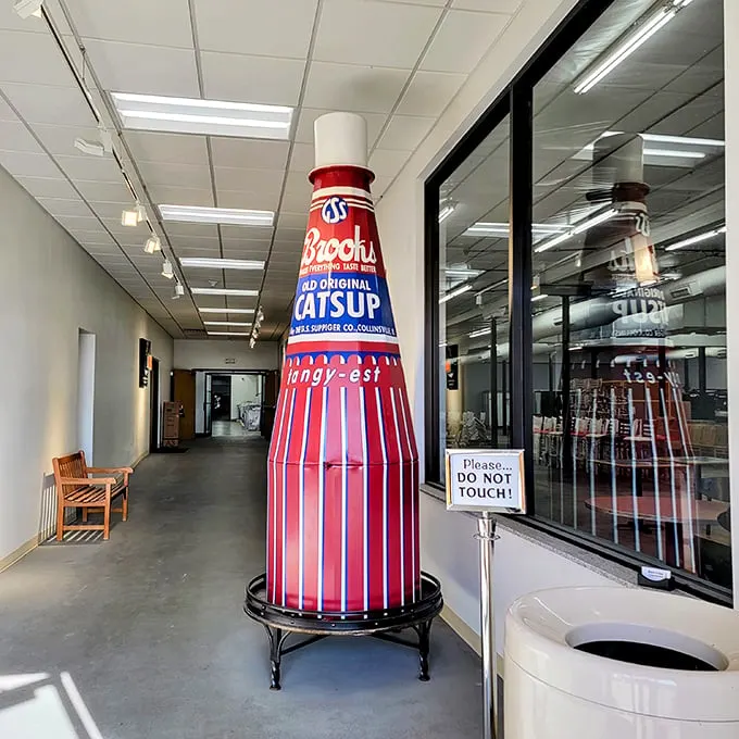 This indoor replica comes with a stern "Do Not Touch" warning. The temptation to hug a giant catsup bottle is apparently universal.