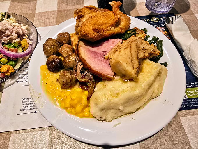 A buffet plate showcasing the kind of variety that makes decision-making wonderfully difficult.