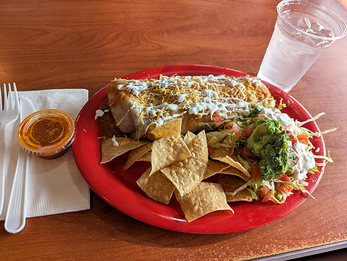 This burrito plate doesn't just feed you—it hugs your soul with cheese, embraces your spirit with salsa, and comes with bonus chips.