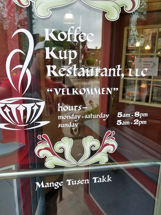 "Velkommen" says the window – where Norwegian heritage meets Wisconsin hospitality with hours that accommodate both early birds and brunch enthusiasts.
