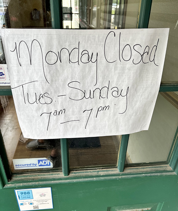 Hours posted with charming simplicity—because when you're this good, you deserve Mondays off to recover from feeding the masses.