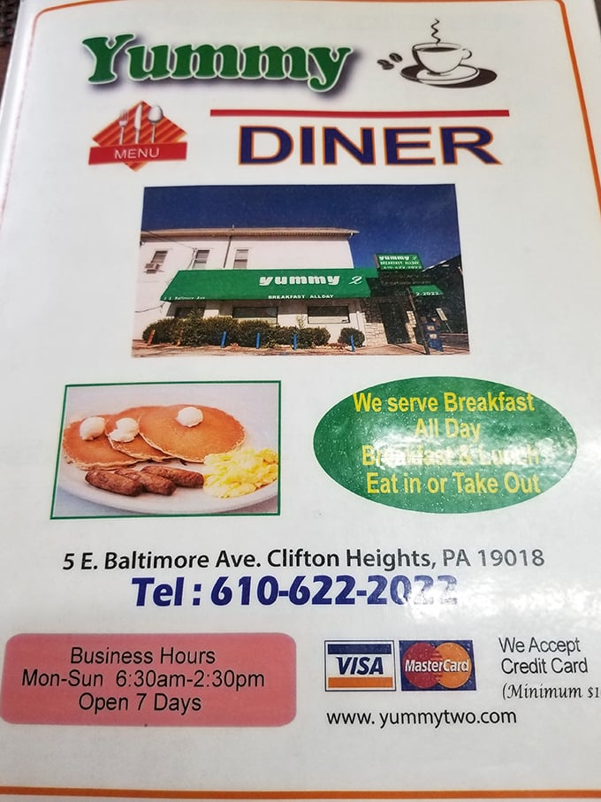 The menu cover proudly announces what locals already know: breakfast isn't just a morning meal here—it's an all-day possibility.
