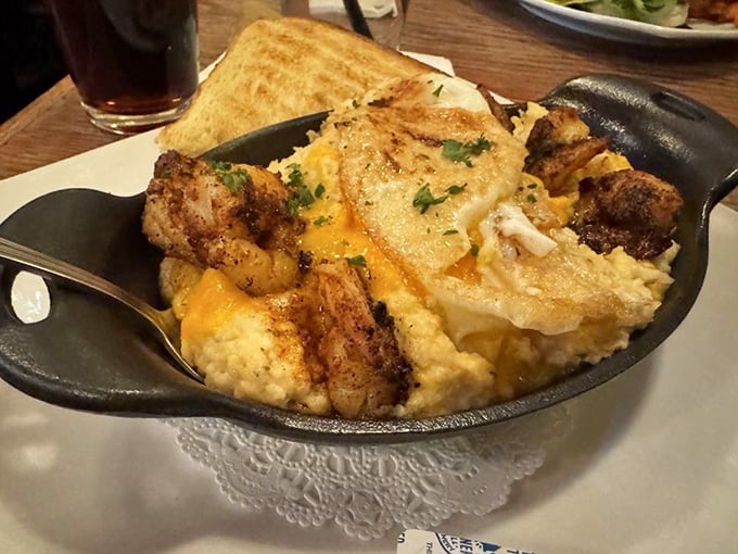 Creamy grits cradling blackened shrimp and melted cheese—Southern comfort food that found its way north and decided to stay permanently.