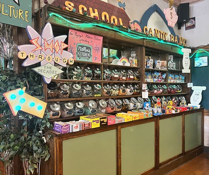 The candy counter looks like Willy Wonka's retirement plan – sweet, organized, and utterly irresistible to kids of all ages.
