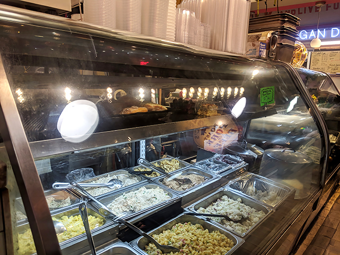 A deli's soul laid bare: traditional sides waiting patiently to complement your sandwich experience. Choose wisely, but choose all.