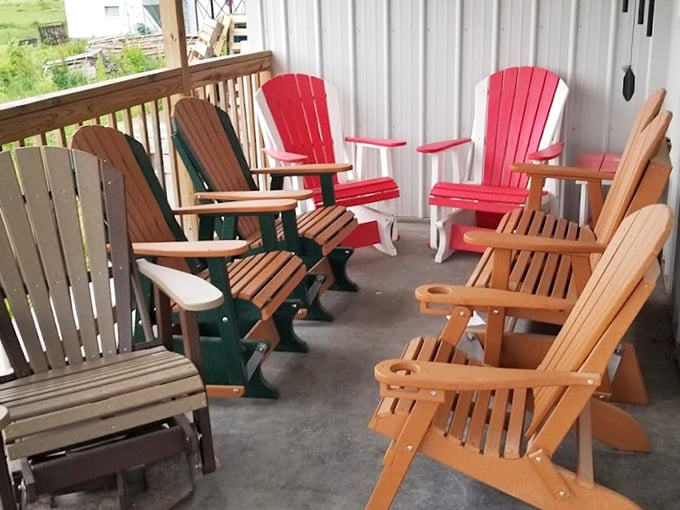 A rainbow of wooden chairs stands ready for weary shoppers – the perfect spot to contemplate which treats to devour first.