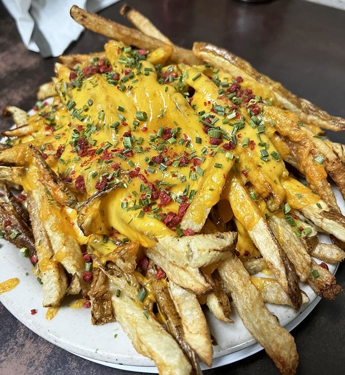 These aren't just cheese fries—they're a masterpiece of crispy potato, melted cheese, and garnishes that would make an art critic weep.