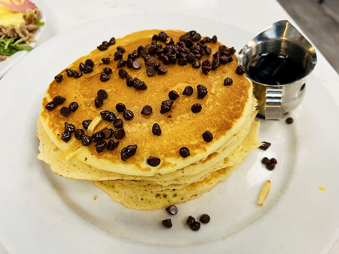 These chocolate chip pancakes don't just have chocolate chips—they're having a meaningful relationship with them.