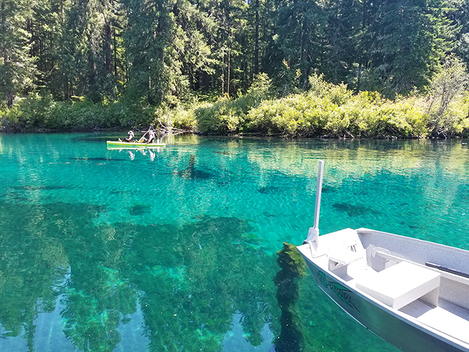 Water so impossibly turquoise at Clear Lake, you'll suspect someone's been tampering with reality's color settings. That boat isn't transportation—it's an invitation.