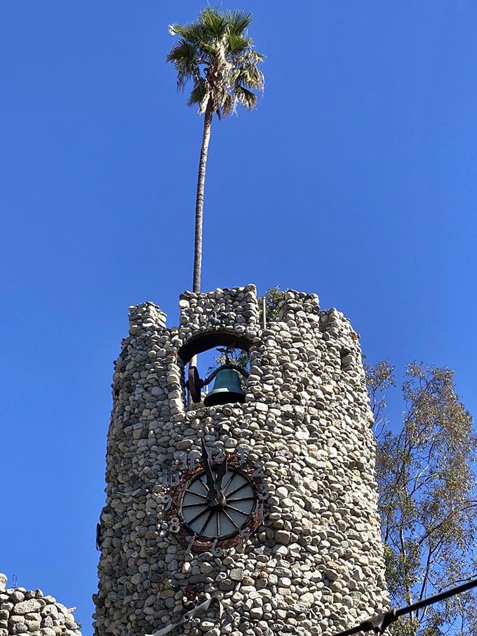 A palm tree grows improbably from a stone tower, nature's exclamation point on this architectural marvel. California meets Camelot in perfect harmony.