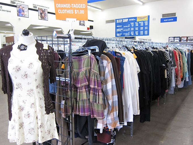 The clothing section: where fashion comes full circle. Today's orange-tagged dollar deals might include tomorrow's vintage statement piece.